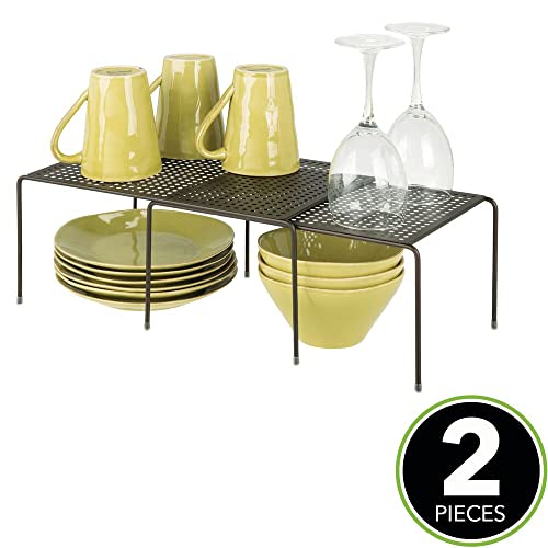 mDesign Adjustable Metal Kitchen Cabinet, Pantry, Countertop Organizer Storage Shelves: Expandable - 2 Piece Set - Durable Steel, Non-Skid Feet - Bronze