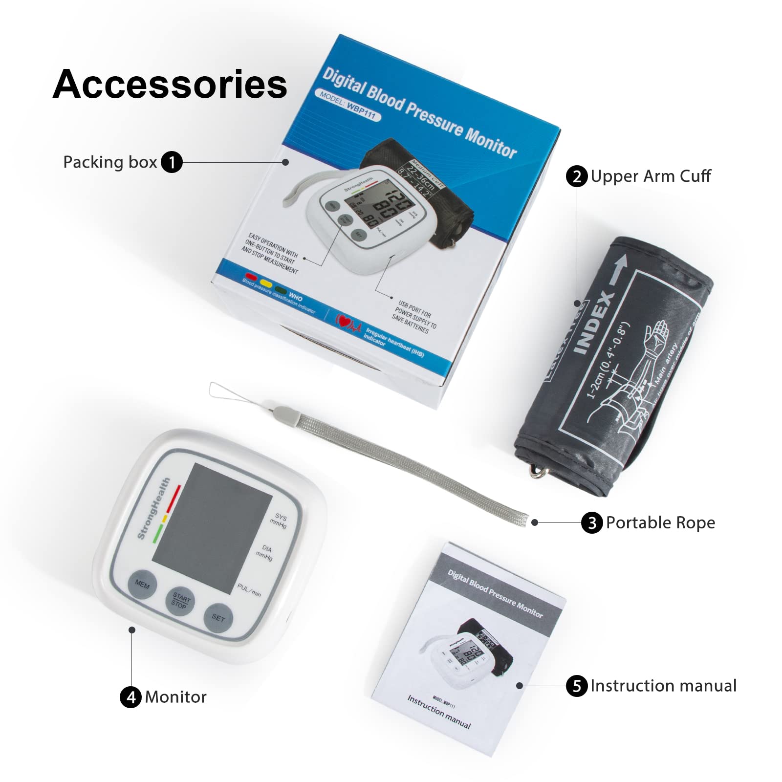 Blood Pressure Monitor Arm, Automatic Blood Pressure Machine with Cuff, Digital High BP Monitors for Home Use, One Touch Operation, with Support Frame and Portable Rope