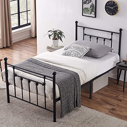 VECELO Twin Size Metal Platform Bed Frame with Headboard and Footboard, Sturdy Steel Slat Support/No Box Spring Needed Mattress Foundation/Easy Assemble,Victorian Style,Matte Black