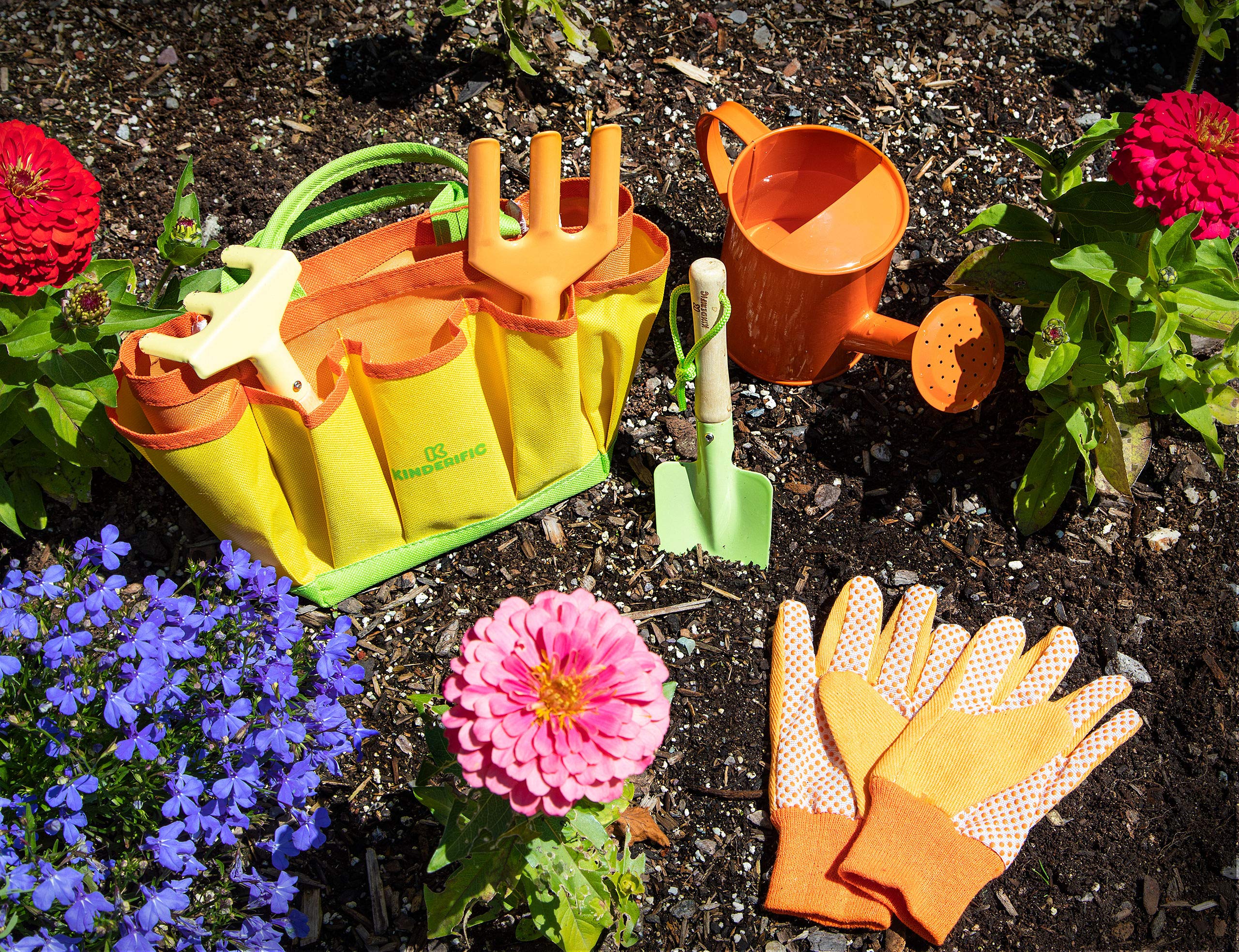 Kinderific Gardening Set, Tool Kit, for Kids, STEM, Includes Tote Bag, Spade, Watering Can, Rake, Fork, Trowel and Gloves (Pale Yellow)