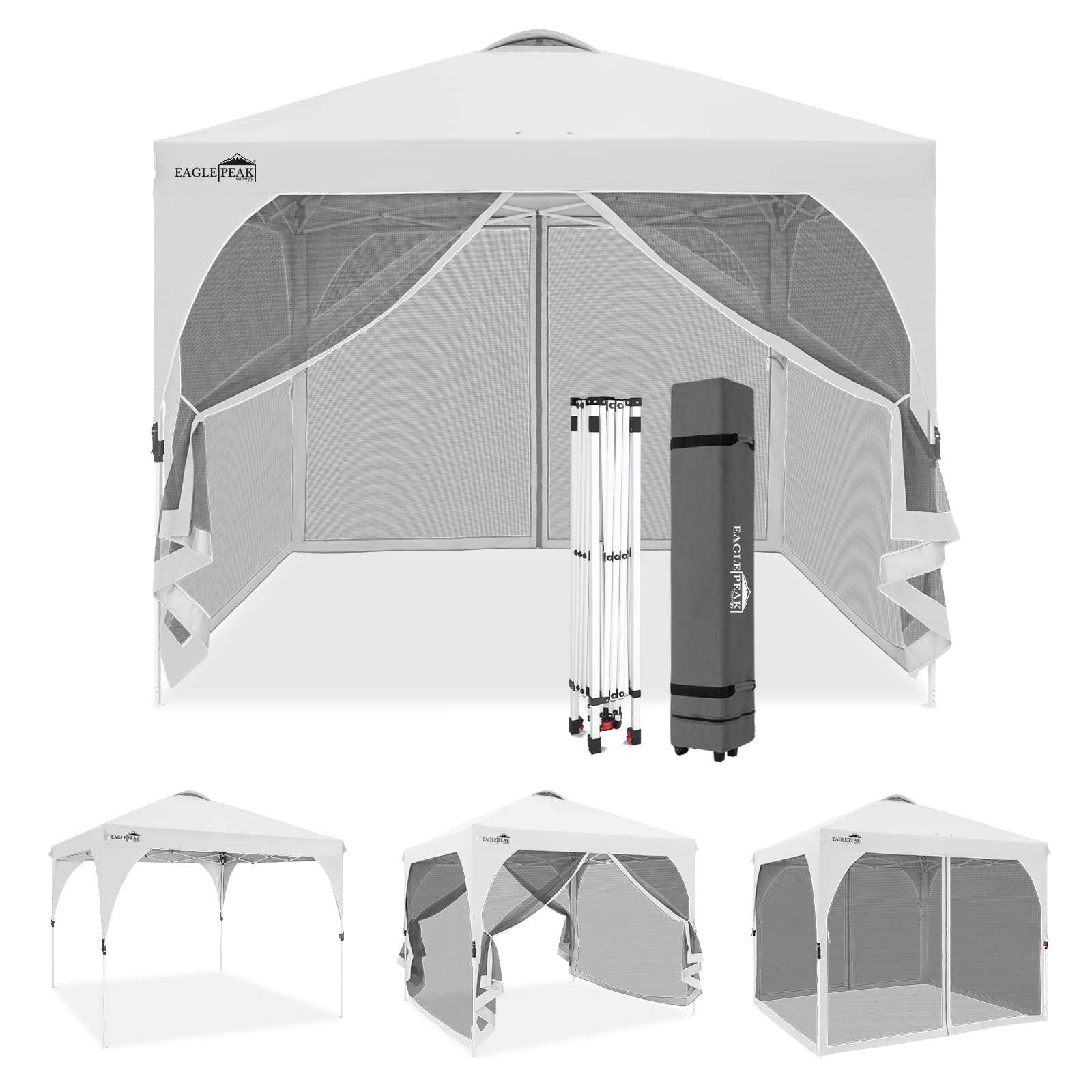EAGLE PEAK 10' x 10' Outdoor Pop Up Canopy Tent, Pop Up Screenhouse, Portable Sun Shelter with Mosquito Netting, Vented Top and Wheeled Carrying Bag, White