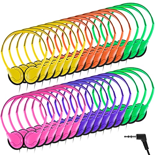 Yunsailing 30 Pack Class Set Headphones for Kids Students Bulk School Classroom Headphones Over Head Earphones on Ear Earbuds Adjustable with 3.5 mm Jack for Child Children Adults (Bright Colors)