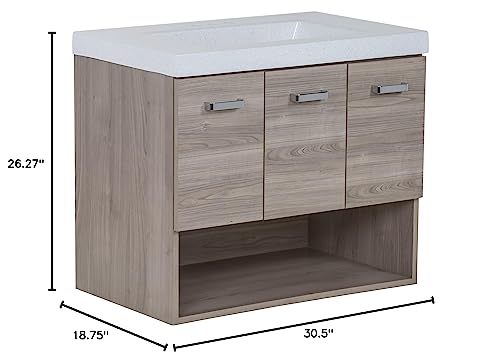 Spring Mill Cabinets Inna Floating Bathroom Vanity with 2-Door Cabinet, Drawer, Open Shelf, and White Sink Top, 30.5" W x 18.75" D x 26.27" H, Forest Elm