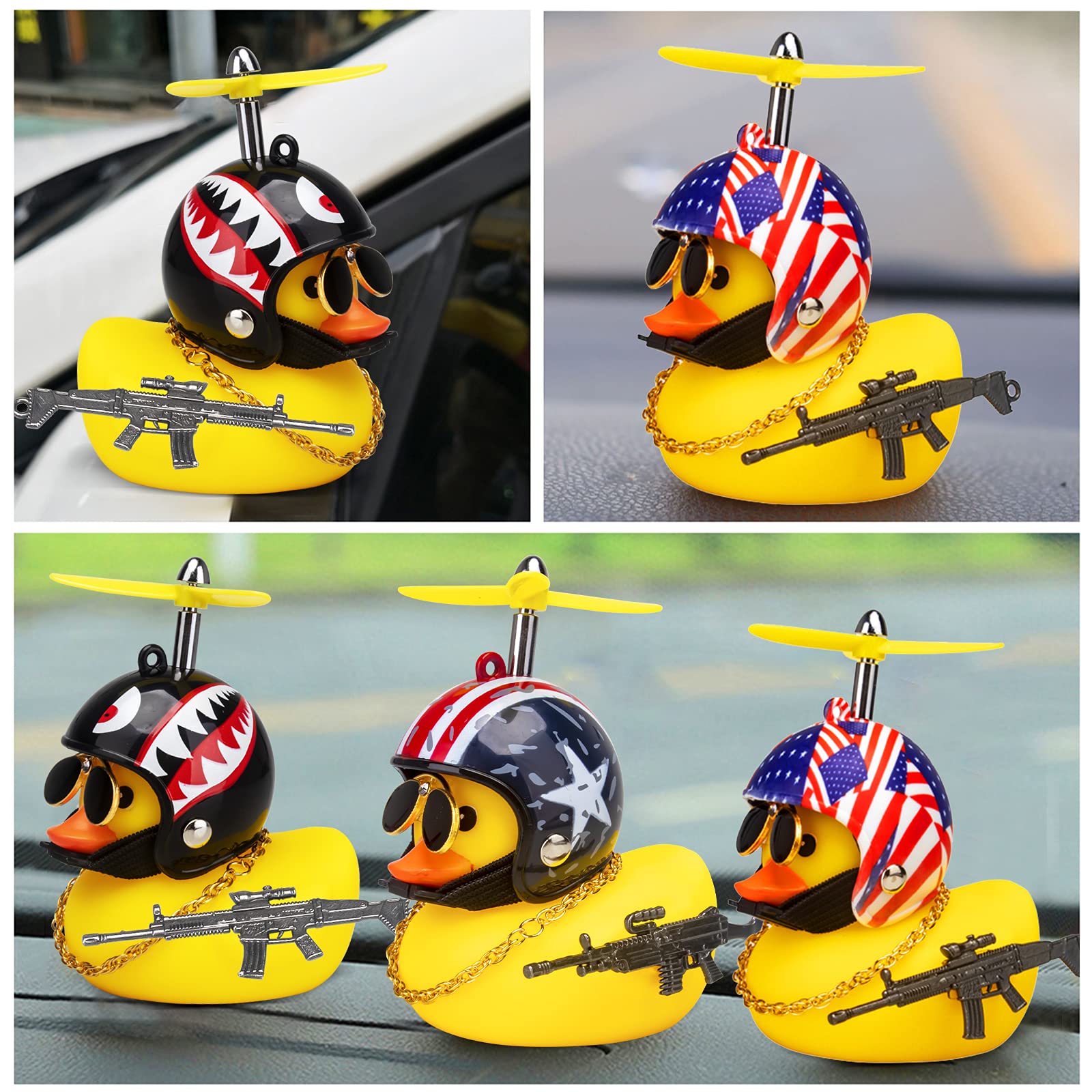 wonuu 3 Pack Car Rubber Duck Cute Yellow Wind-Breaking Ducks Dashboard Decorations Small Ornaments with Propellers Glasses Gold Chain (Yellow-Stars and Stripes&Flag&Shark)