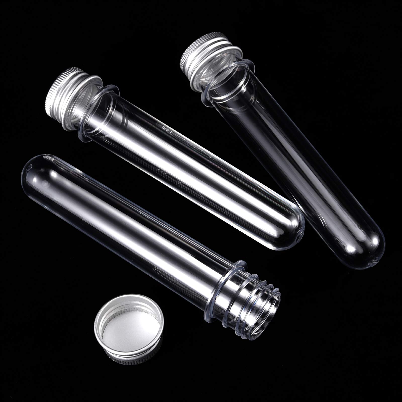 KOHAND 50 PCS 140 x 25mm Clear Test Tubes with Screw Caps, 40ml Plastic Test Tube with Aluminum Covers for Sample Christmas Candy Bath Salt Science Party Favors