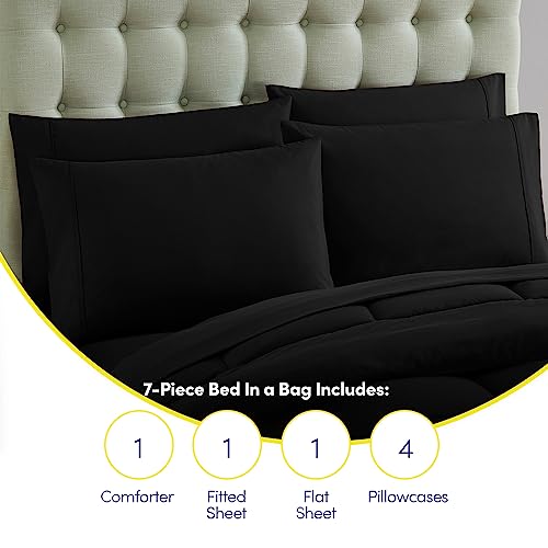 Sweet Home Collection 7 Piece Comforter Set Bag Solid Color All Season Soft Down Alternative Blanket & Luxurious Microfiber Bed Sheets, Black, Queen