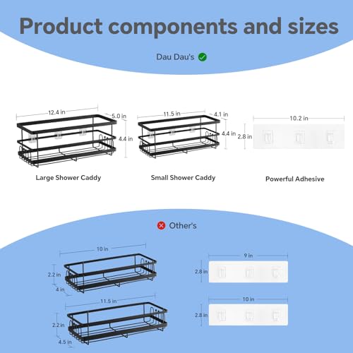 Dau Dau Shower Caddy Shelf Organizer, 2 Pack Shower Caddy with Hooks, No Drilling Stainless Steel Shower Shelf for Bathroom, Kitchen and Dorm,Wide-Rimmed Design Thickened Material