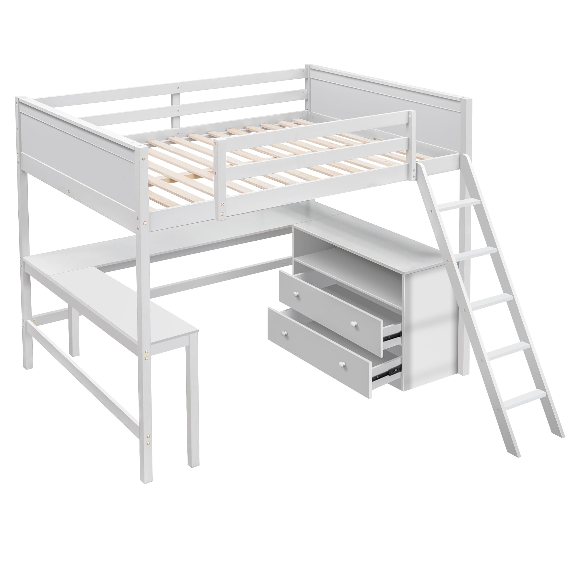 Full Loft Bed with Desk Underneath, Storage Shelves and 2 Drawers, Solid Wood Full Size Loft Bed Frame with Guardrails & Ladder for Girls Boys Junior Adults, Space-Saving, White