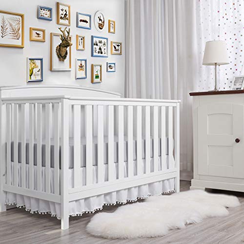TILLYOU Ruffled Crib Skirt with Pompoms, Microfiber Nursery Crib Toddler Bedding Skirts for Baby Boys Girls, 14'' Drop, White