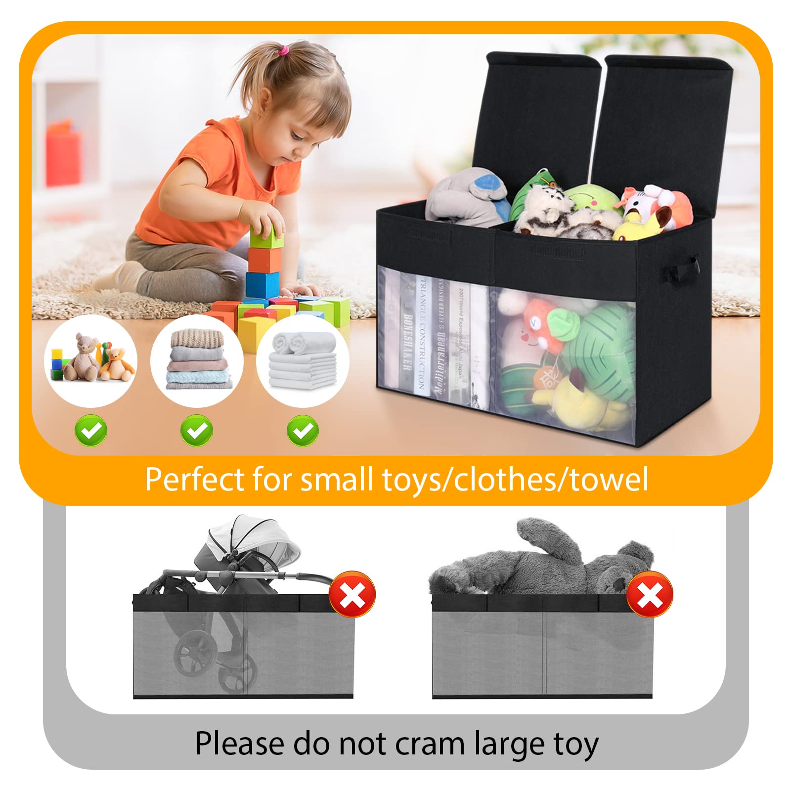 GARPROVM Organizer Chest Extra Large for Boys and Girls with Flip-Top Lid, Big Kids Box Chest, Foldable Fabric Storage Chest Organizer for Clothes Books Bedding (Visual Window)