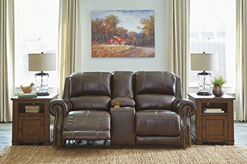 Signature Design by Ashley Buncrana Traditional Dual Sided Power Reclining Loveseat with Nailhead Trim, Center Storage Console and USB Port, Brown
