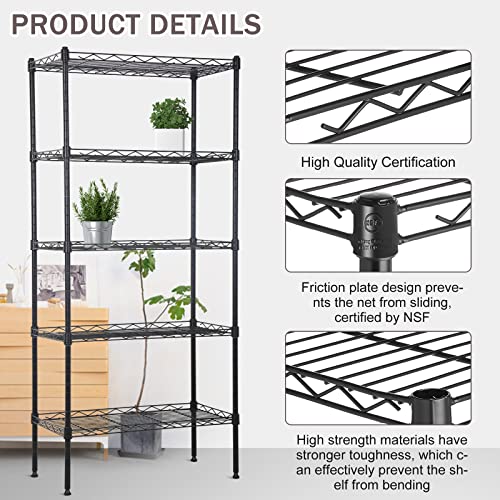 XXkseh 5 Tier Wire Shelving Unit Metal Storage Shelves Heavy Duty NSF Height Adjustable Commercial-Grade Storage Rack Garage Storage Pantry Shelves for Storage, Black