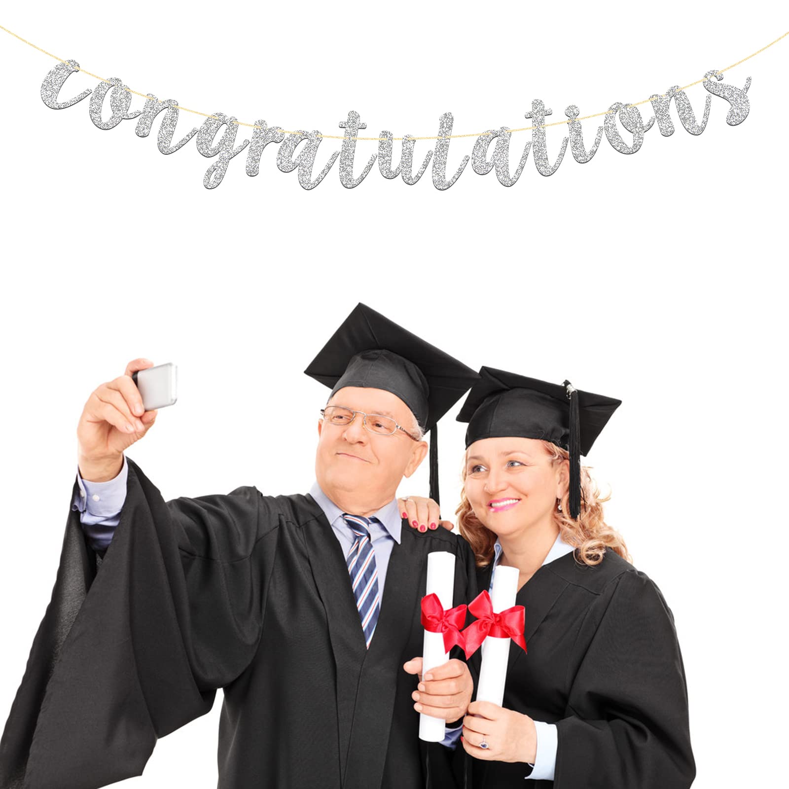 Silver Glitter Congratulations Banner for Wedding, Anniversary, Graduation, Congrats Master Bunting, Retirement Party Decorations Supplies