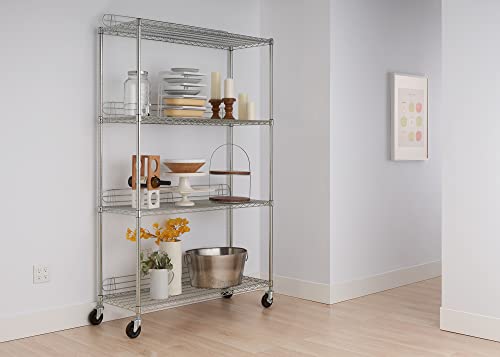 TRINITY EcoStorage Heavy Duty 4-Tier Adjustable Wire Shelving with Wheels and Backstands for Kitchen Organization, Garage Shelf Rack, NSF Certified, W D x 77β H, 48 by 18 by 72", Chrome