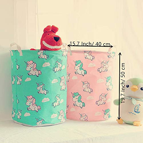 Unibedding 2 Pack Canvas Storage Baskets Large Unicorn Storage Hampers for Girls Kids Room Baby Nursery Collapsible Convenient Home Organizer Containers, Pink Teal Blue