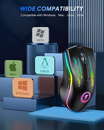 TECURS Gaming Mouse Wireless Gaming Mouse,USB Optical Computer Mouse Mice with 5 LED Lights,Rechargeable Gamer Mouse,4800 DPI for Laptop PC Gamer Desktop Chromebook Mac,Black
