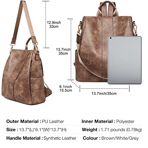 FOXLOVER Backpack Purse for Women Large Womens Backpack Leather Travel Backpack Fashion Backpack Purse Designer Ladies Shoulder Bags(Brown B)