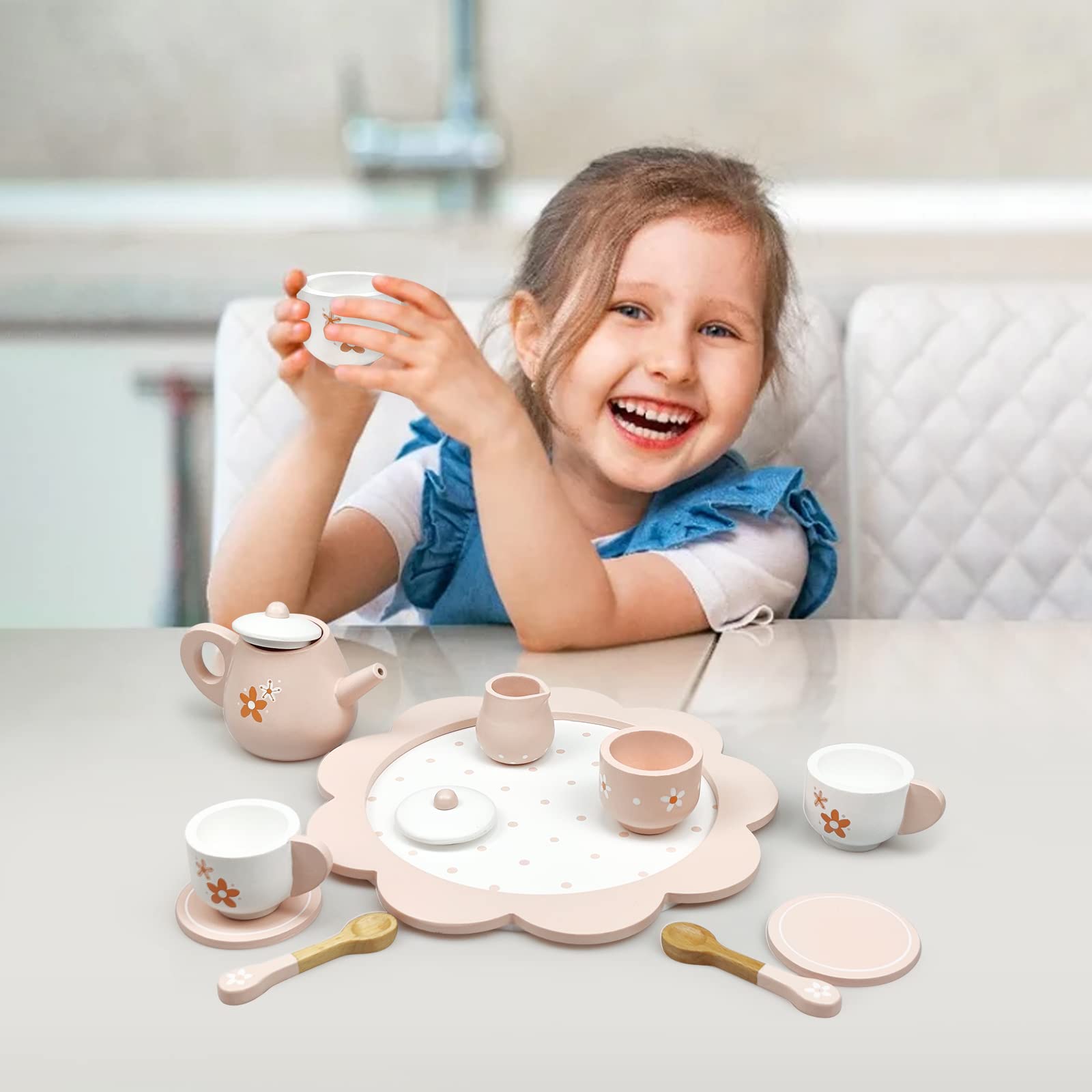 Wooden Afternoon Tea Set Toys for Toddlers Realistic Teapot Cups Carrying Tray Scoops Pretend Play Learning Role Play 12 pcs Pink Gift for Kids