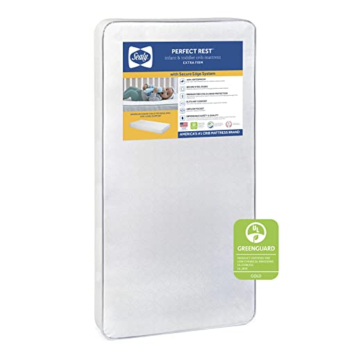 Sealy Perfect Rest Extra Firm Baby Crib Mattress and Toddler Mattress, Waterproof Crib Mattress, 150 Premium Coils, Made in USA, 52"x28", Grey, 1 Count (Pack of 1)
