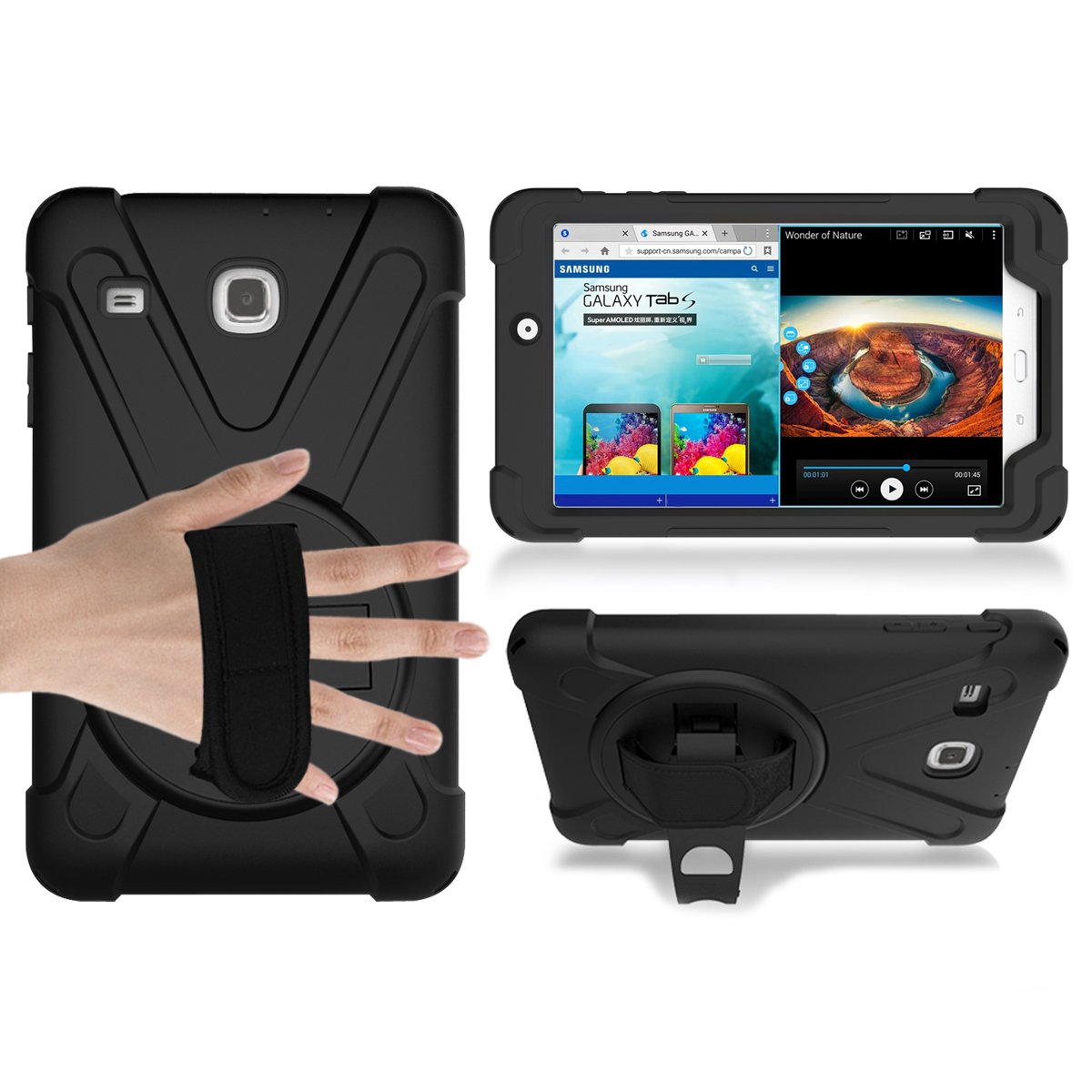 TIMISAM Samsung Galaxy Tab E 8.0 Case, Heavy Duty Hybrid Shockproof Protection Cover Built with Kickstand and Hand Strap for Samsung Galaxy Tab E 32GB SM-T378/Tab E 8.0 Inch SM-377 Tablet (Black)