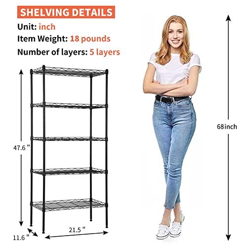 YYkokocat 5-Tier Wire Shelving Adjustable Metal Shelving Unit 48" H Storage Shelves Wire Rack Shelf Organizer for Closet Bathroom Kitchen, 750LB Capacity, 21.5L x 11.6W x 47.6H, Black