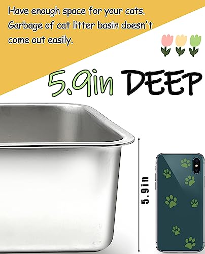 VCEPJH 2 Pcs Stainless Steel Litter Box for Cats Metal Litter Pan with High Sides Odor Control Non Stick Easy to Clean Rustproof (15.7'' x 11.8'' x 5.9'')