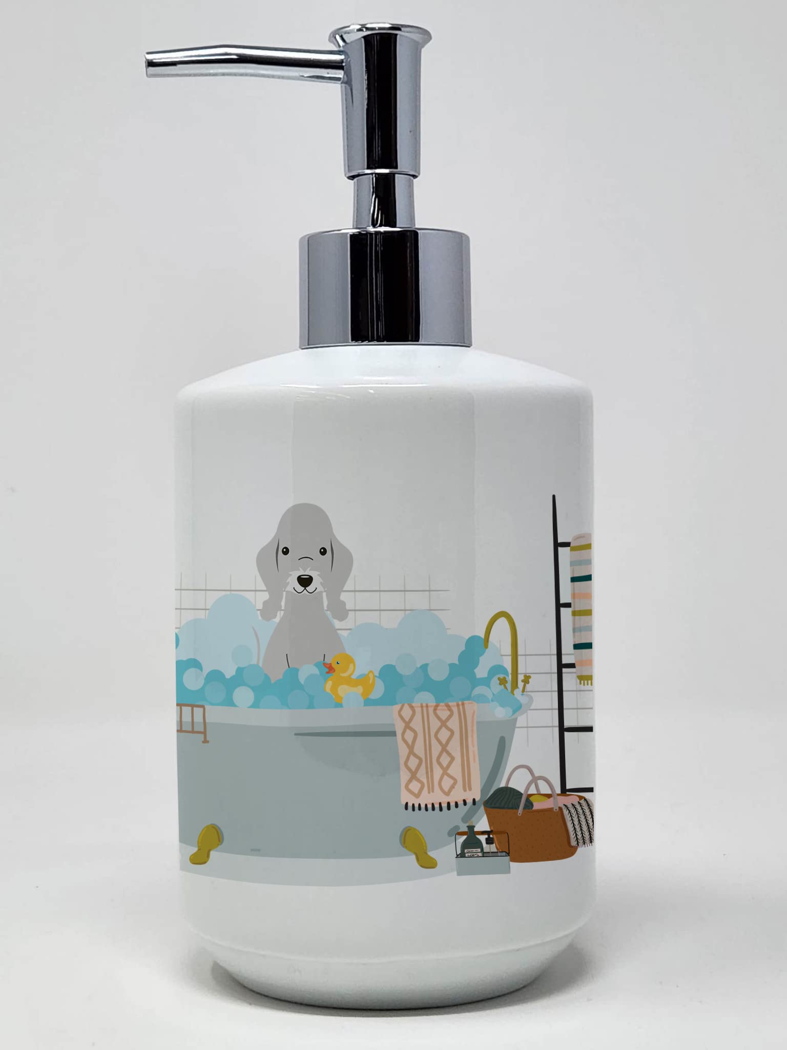 Caroline's Treasures WDK5787SOAP Blue Bedlington Terrier in Bathtub Ceramic Soap Dispenser Hand Soap Dispenser Pump Bottles for Bathroom Kitchen, Empty Refillable Liquid Soap Container