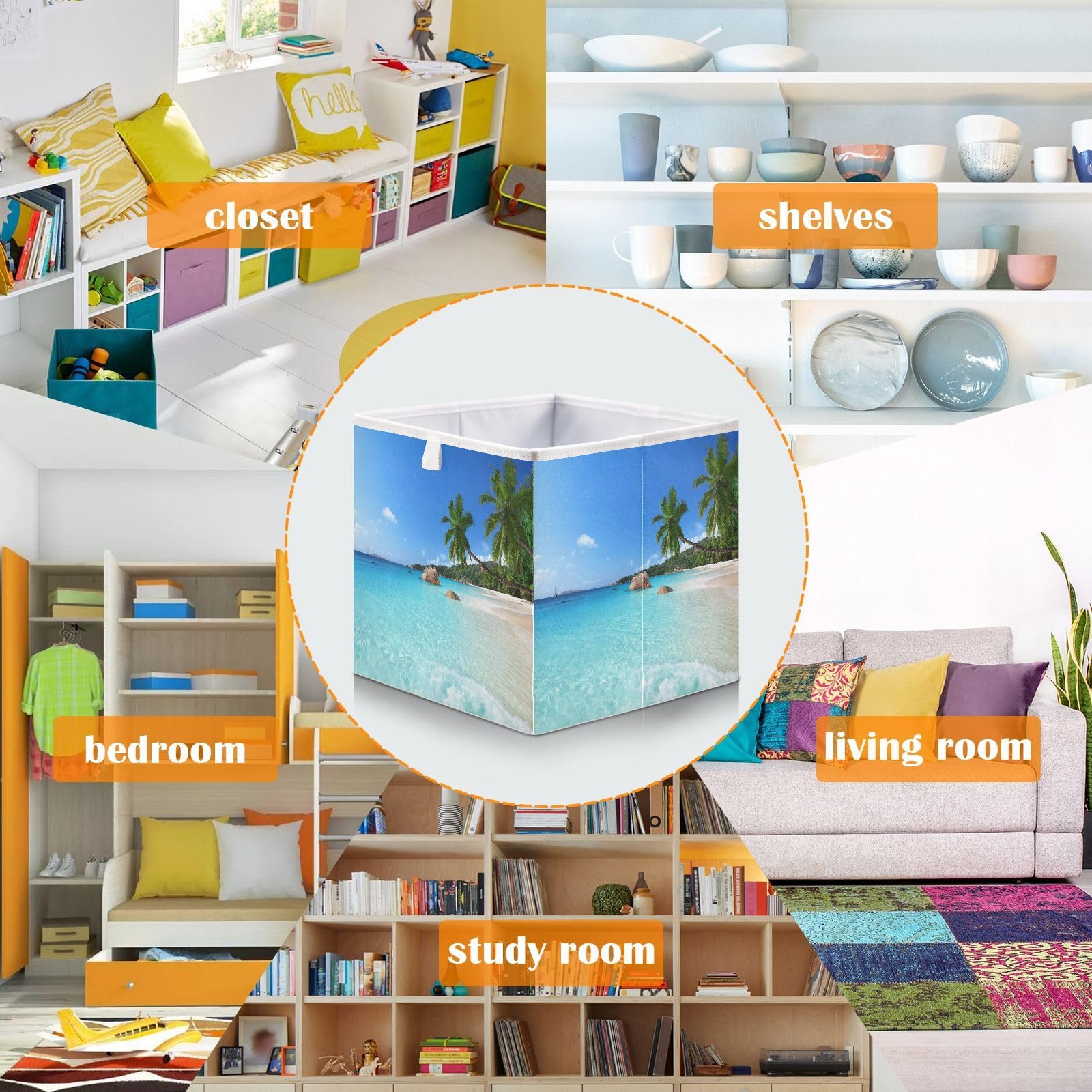 QUGRL Sunny Summer Beach Storage Bins Cube Tropical Palm Tree Clothes Storage Basket Foldable Storage Box Organizer for Shelves Closet Cabinet Office Dorm Bedroom 11x11 in