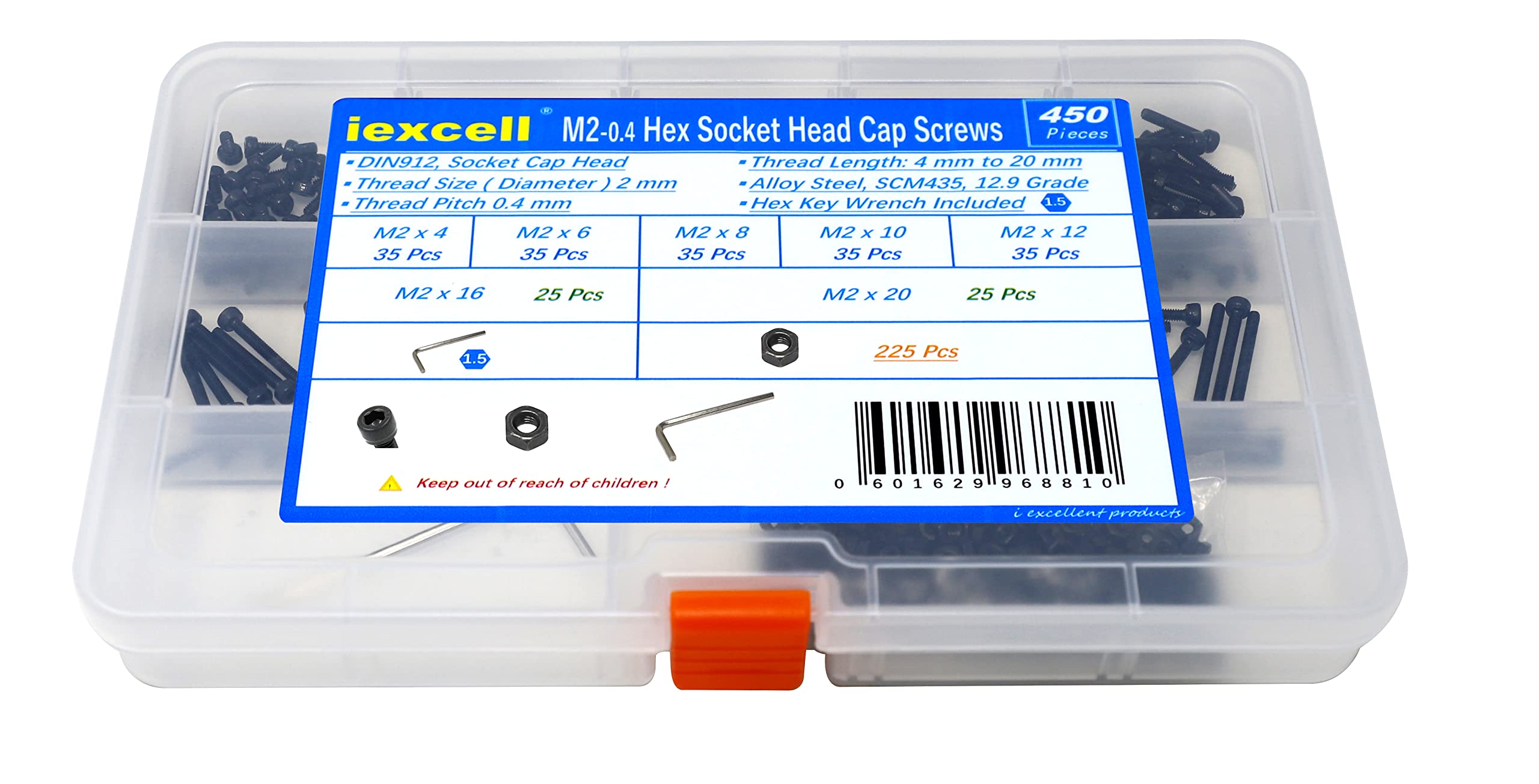 iexcell 450 Pcs M2 x 4/6/8/10/12/16/20 Alloy Steel 12.9 Grade High Tensile Hex Socket Head Cap Screws Bolts Nuts Assortment Kit