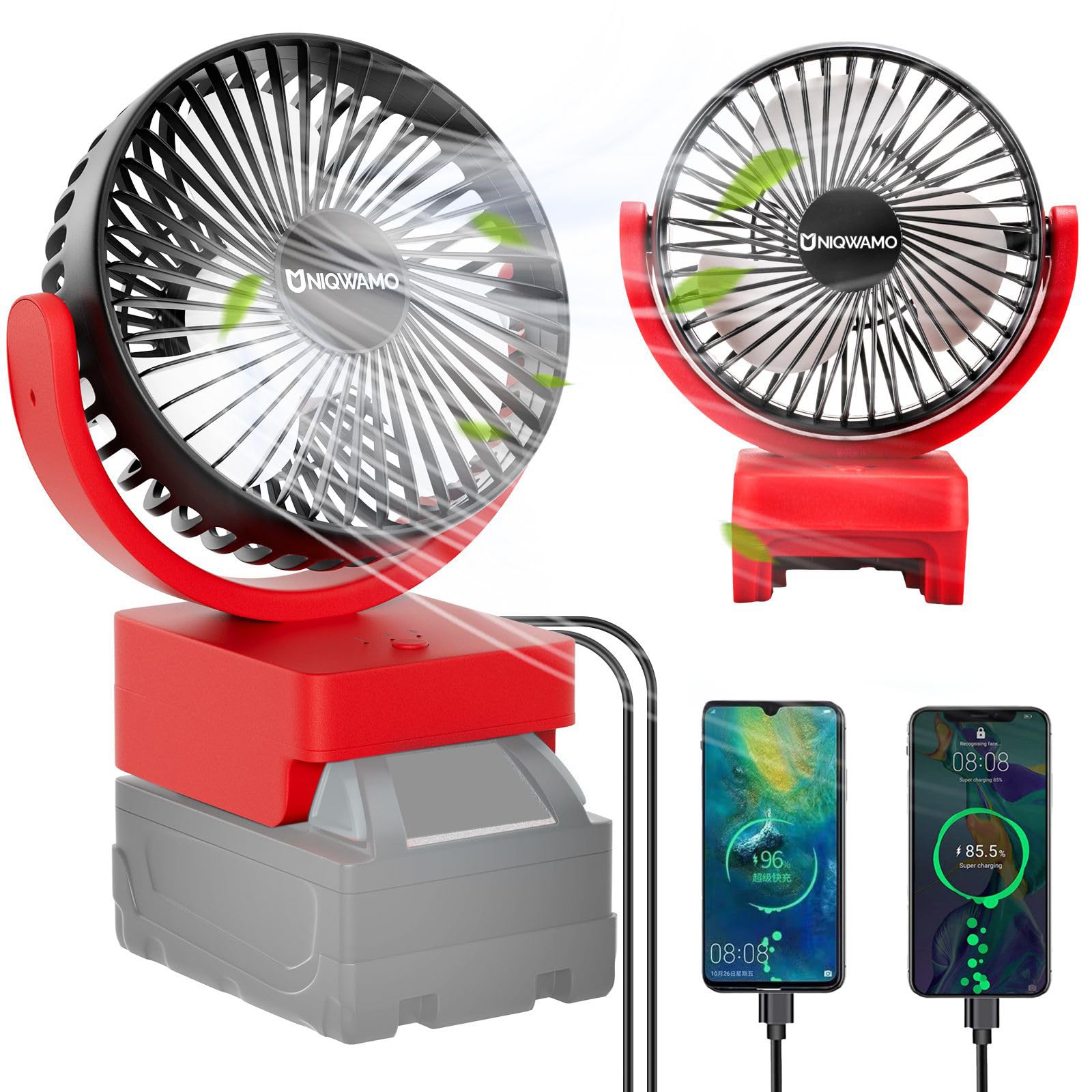 Uniqwamo Portable Rechargeable Fan Compatible For Milwaukee M18 18V 48-11-1850 48-11-1862 Lithium-Ion Battery, Jobsite Battery Operated Fan With 3 Speeds Control,USB +Type C(Battery not Included)