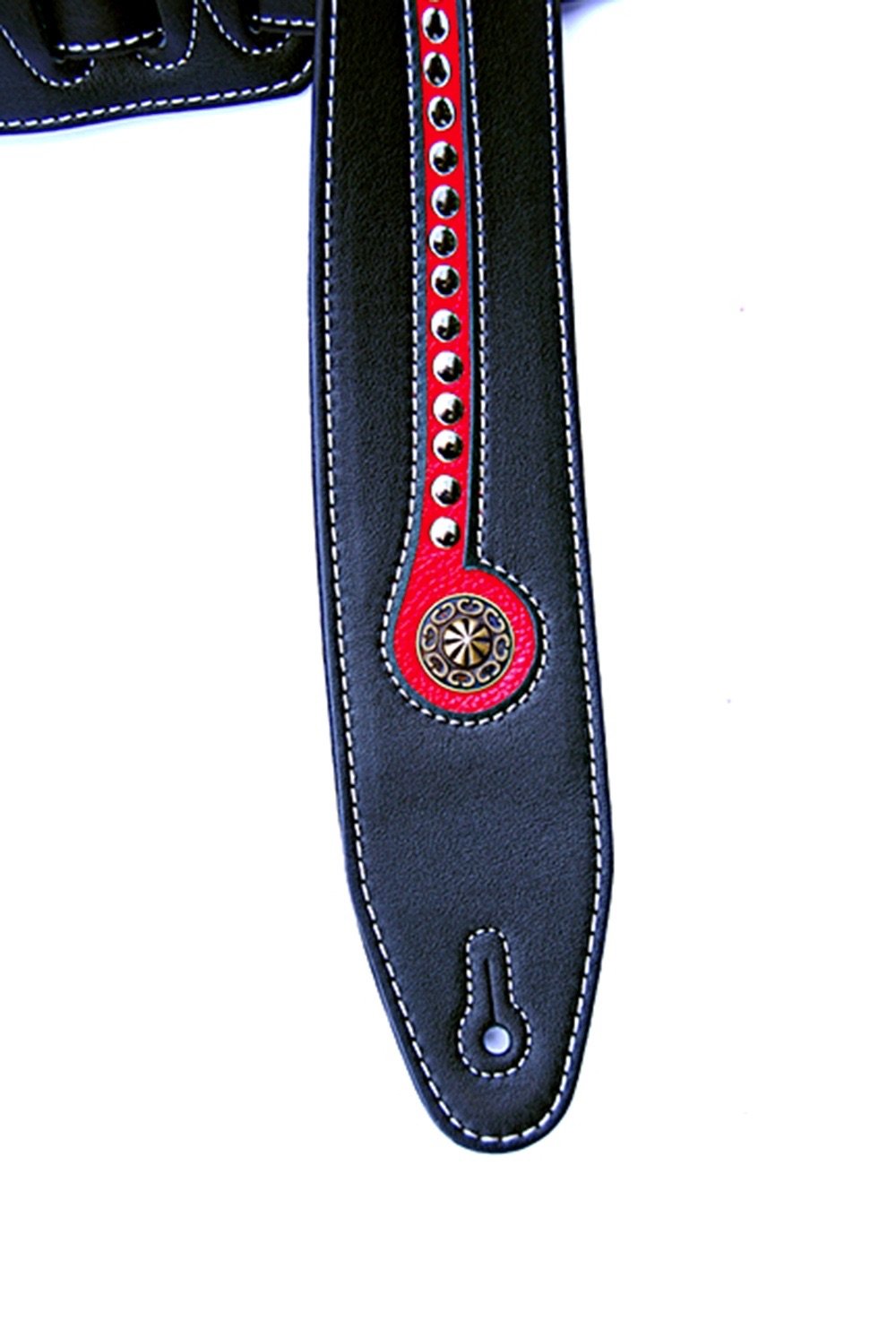 Walker & Williams Black & Red Western Style Padded Guitar Strap with Chrome and Brass Studs For Acoustic, Electric, And Bass Guitars