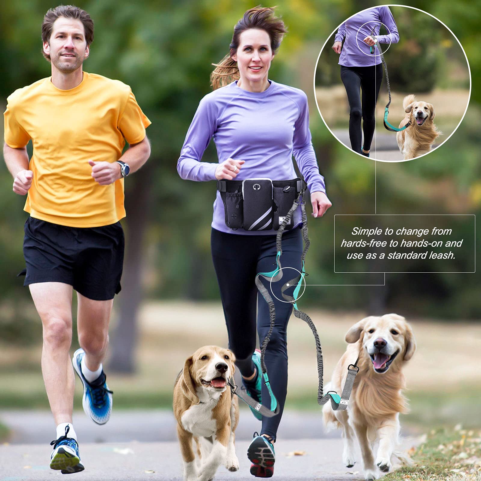 SHINE HAI Retractable Hands Free Dog Leash with Dual Bungees for 2 Dogs, Adjustable Waist Belt Fanny Pack, Reflective Stitching Leash for Running Walking Hiking Jogging Biking Black