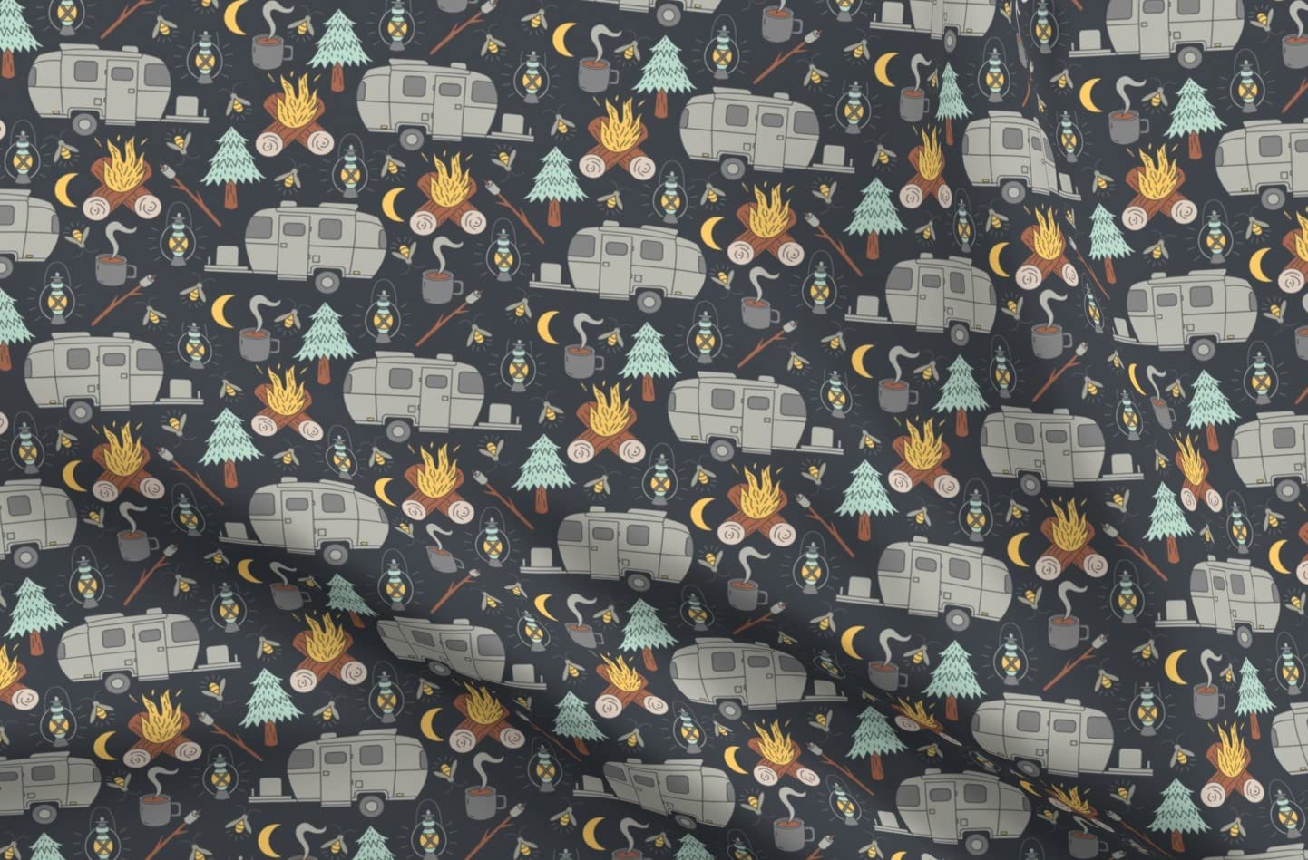 Spoonflower Fabric - Retro Camping Camper Campfire Fireflies Coffee Outdoors Printed on Petal Signature Cotton Fabric by The Yard - Sewing Quilting Apparel Crafts Decor