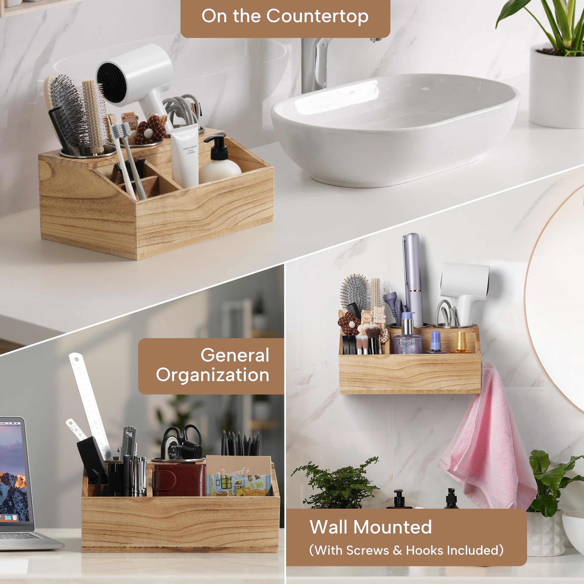 Sofiniks Wooden Hair Tool Organizer, Blow Hair Dry and Straightener Holder, Curling Iron Holder, Flat Iron Holder, Styling Tools Dryer Organizer Storage for Bathroom Vanity Countertop