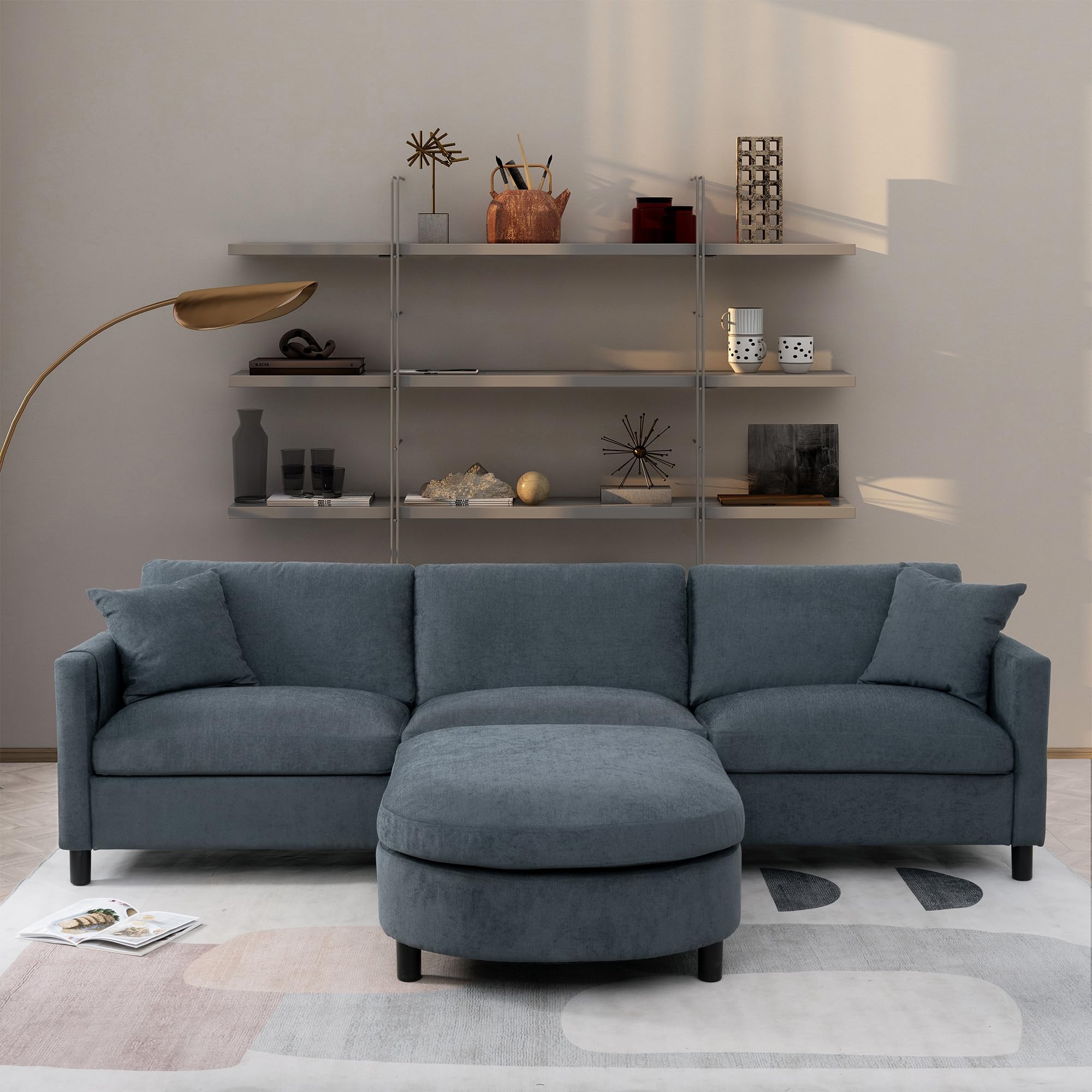 Wrofly L Shaped Modular Sectional Sofa Couch, Comfy Chenille 4 Seat Sofa Set with Convertible Ottoman and 2 Pillows, Modern Deep Seat Cloud Couch for Living Room Office Apartment, 107.9" W (Grey)
