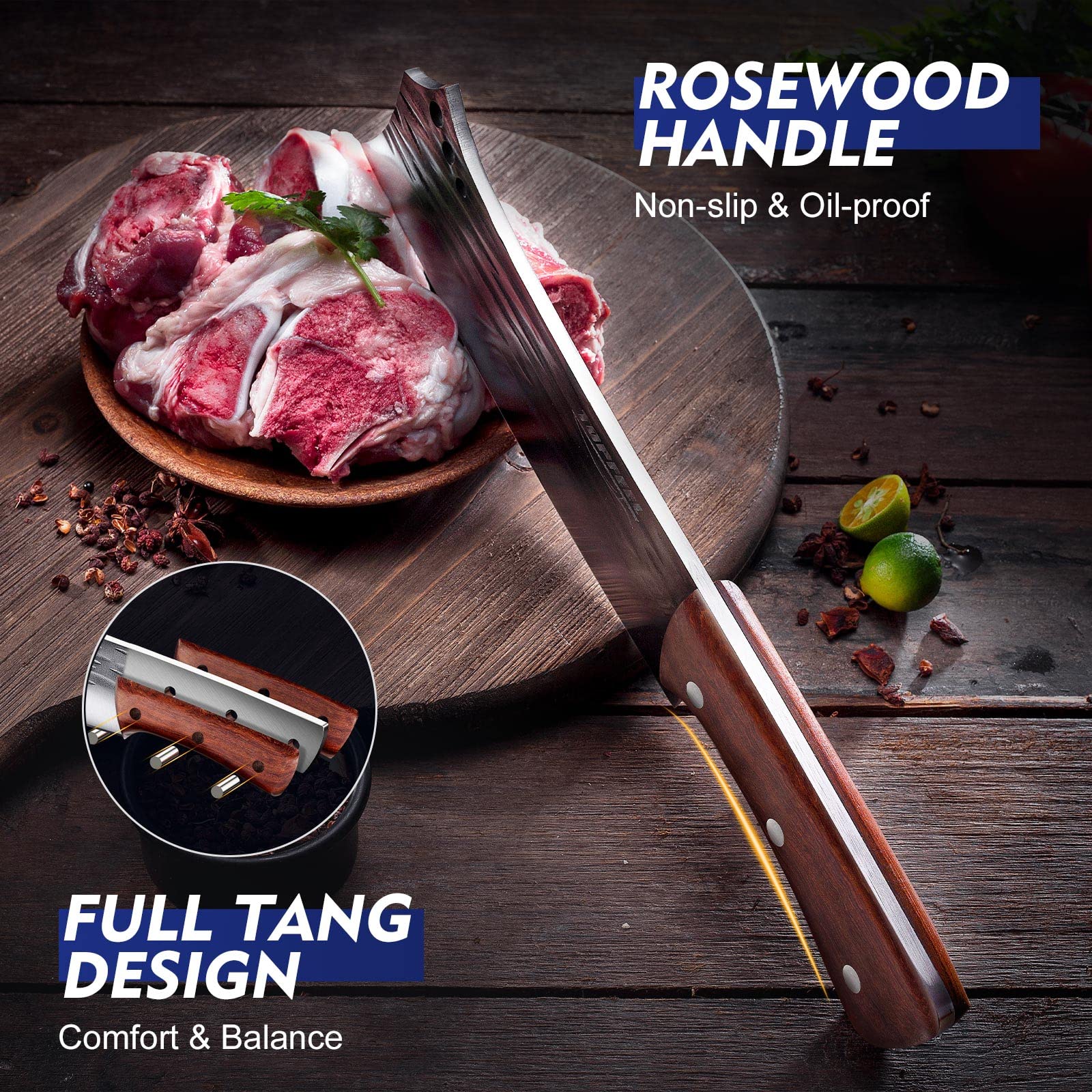 Topfeel 2PCS Meat Cleaver & Heavy Duty Bone Chopper Knife Set, Hand Forged German High Carbon Stainless Steel Butcher Knife for Home Kitchen & Outdoor