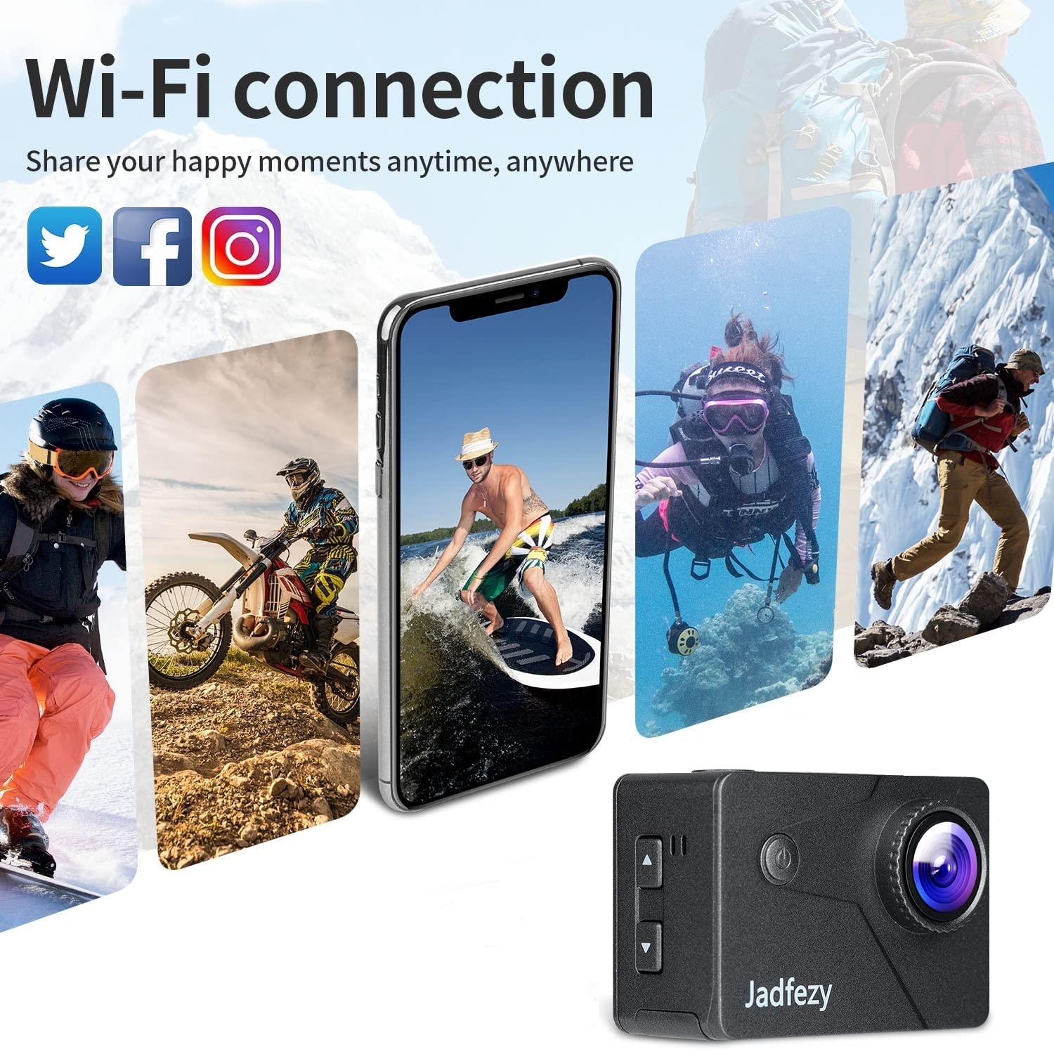 Jadfezy Action Camera 4K 60FPS with EIS Anti-Shake, WiFi and Remote Control, 24 MP Sports Cam with Zoom 8X, 98FT Underwater Camera Equipped with 2 Batteries and 25 Mounting Accessories (4K)