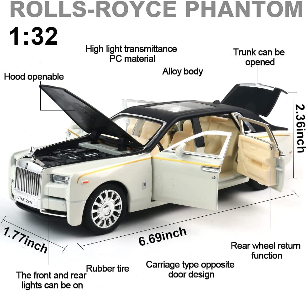 EROCK 1:32 Rolls-Royce Phantom Model Car,Zinc Alloy Pull Back Toy car with Sound and Light for Kids Boy Girl Gift,Collection of car model enthusiasts. (white)