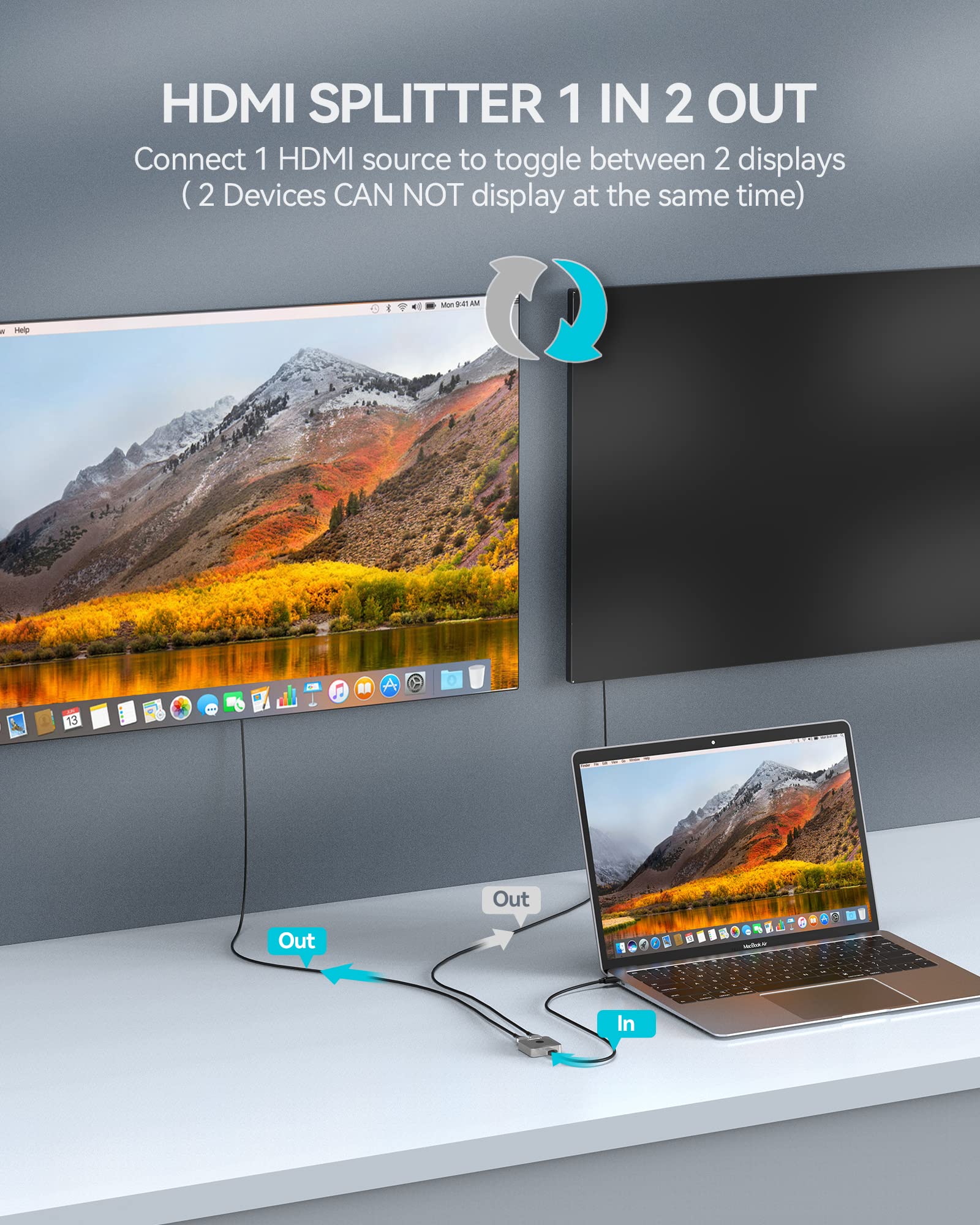 TECKNET HDMI Switch 4k@60hz Splitter, Aluminum Bidirectional HDMI Switcher 2 in 1 Out, Manual HDMI Hub Supports HD Compatible with Xbox PS5/4/3 Blu-Ray Player Fire Stick Roku(Cable is not Included)