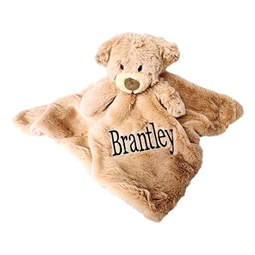 SONA G DESIGNS Custom Personalized Teddy Bear Lovie Lovey Security Blanket with Rattle (Brown Bear with Embroidery Name)