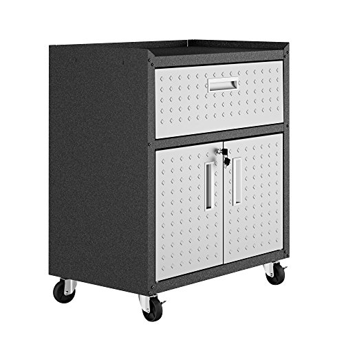 Manhattan Comfort Fortress Rolling Cabinet Garage Storage, Black/Gray & Fortress Floating Garage Storage Cabinet, Black/Grey
