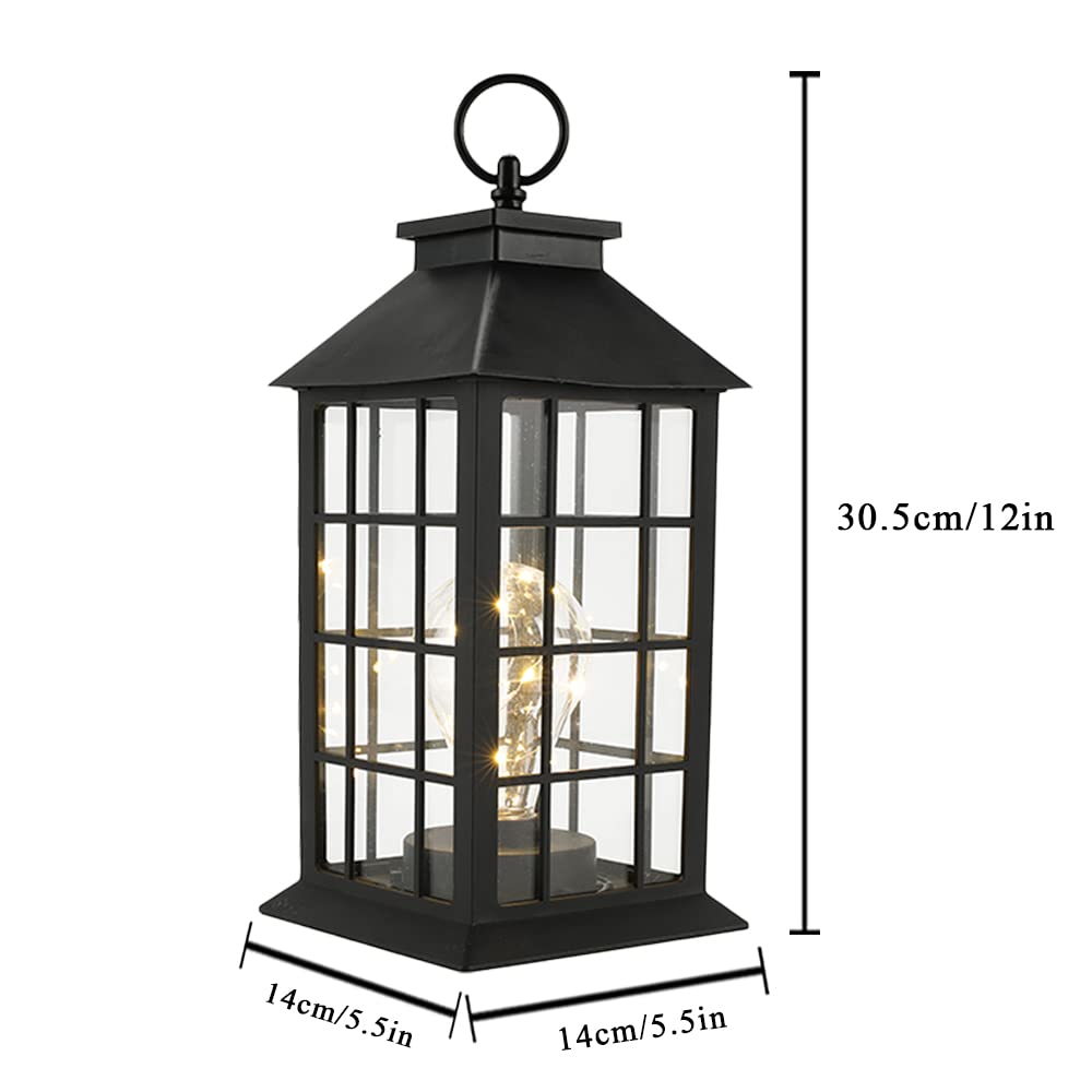 JHY DESIGN Waterproof Decorative Hanging Lantern 12''High Plastic Lantern Holder Battery Powered with LED Bulb and 6H Timer Lights for Balcony Garden Hallway Entryway Indoor Outdoor(Square Stripe)
