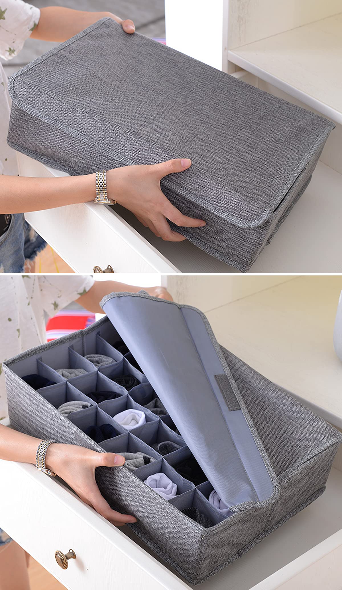 MURRI&MURRDI 2 Packs Sock and Underwear Storage for Closet with Lids,30 Cells Drawer Divider,Linen Cotton Sock Organizer,Foldable Closet Storage Box Bin for Socks, Lingerie, Ties,Scarves (2 Grey)