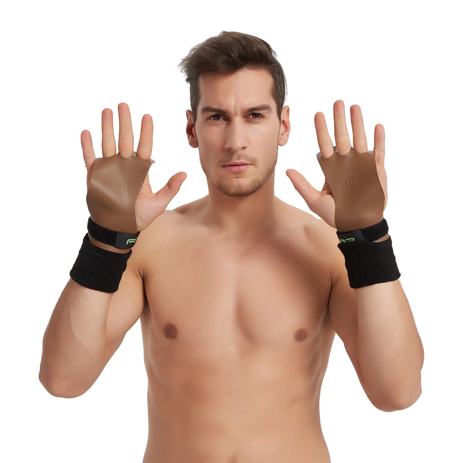 FITOP Gymnastics Grips 3 Hole Leather Bar Grip, Perfect for Pull Ups, WODs, Weight Lifting and Cross Training, Palm Protection and Wrist Straps Support