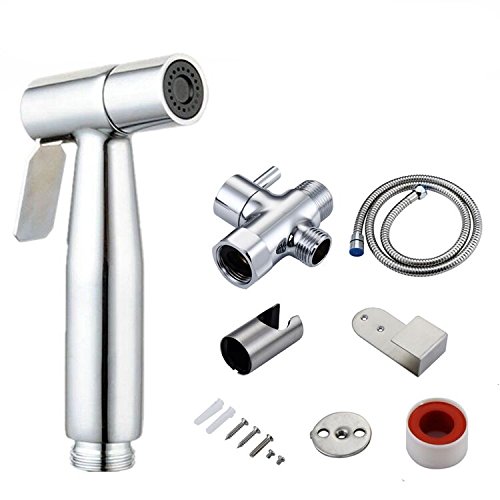 Stainless Steel Baby Cloth Diaper Sprayer Kit Handheld Bidet Set with Hose, Nozzle, T-Valve and Tank Mount Hook for Toilet Shower Cleaner and Washer Rinse
