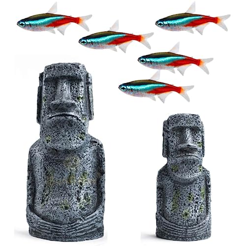 SunGrow Tropical Fish Aquarium Decor, Easter Island Statues, 7" and 5", Resin Replicas of World Famous Moai Figures, 2 Pcs