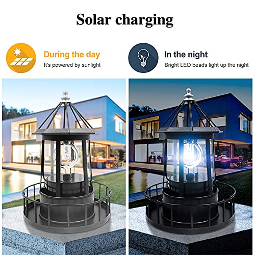 LED Solar Powered Lighthouse, 360 Degree Rotating Lamp, Waterproof Garden Smoke Towers Statue Lights, for Home Garden Yard Lawn Outdoor Decor, Black