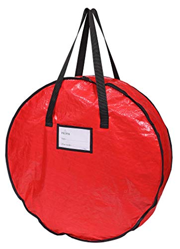 ProPik Christmas Wreath Storage Bag 24" - Garland Holiday Container with Tear Resistant Material - Featuring Heavy Duty Handles and Transparent Card Slot - 24β X 7β (Red)