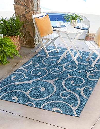 Unique Loom Outdoor Botanical Collection Area Rug - Curl (9' x 12' Rectangle, Teal/ Ivory)