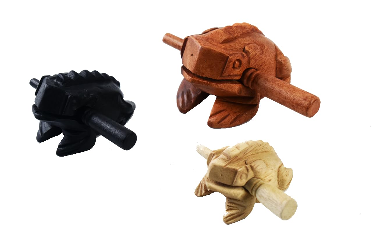 Guiros Percussion Instruments Wooden Frog 3 Piece Set of 4 Inch, 3 Inch, 2.75 Inch, Wooden Frog Musical Instrument (Brown/Black/Natural Color)